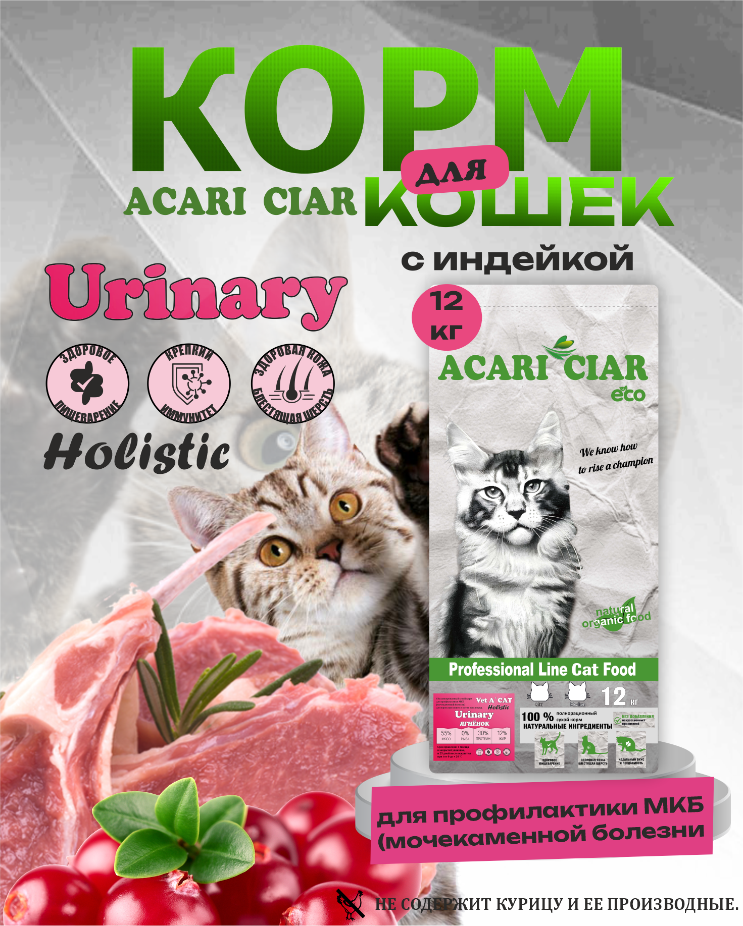 Сухой корм для кошек Acari Ciar A`Cat URINARY 12кг со вкусом ягненка