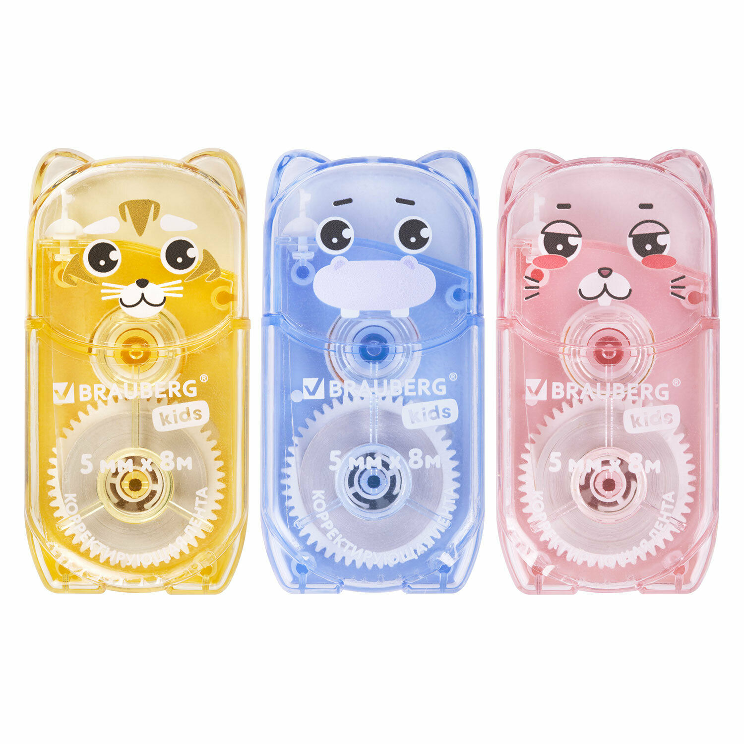 Корректирующая лента BRAUBERG KIDS "зверята", 5 мм х 8 м, механизм перемотки, корпус ассорти, блистер, 272499