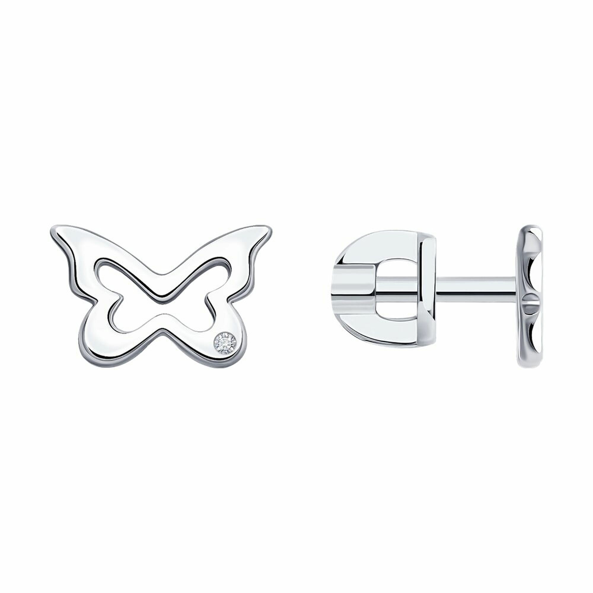 Серьги пусеты, серебро, 925 проба, родирование, бриллиант