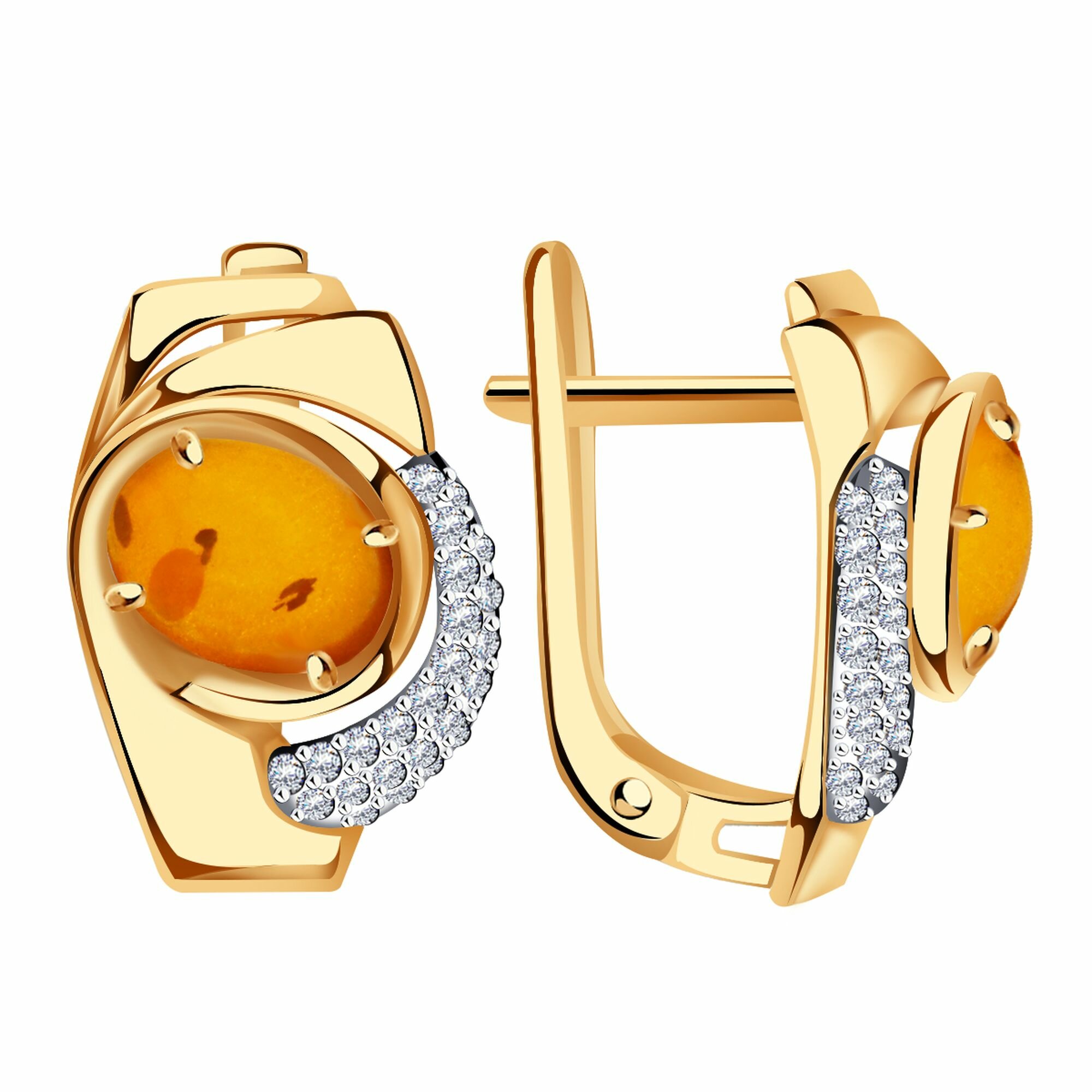 Серьги, красное золото, 585 проба, фианит, янтарь