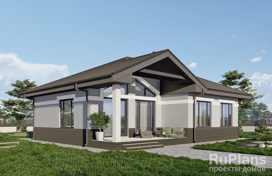 Одноэтажный дом со вторым светом, двумя спальнями, отделкой штукатуркой (117 м2, 13м x 14м) Rg6363