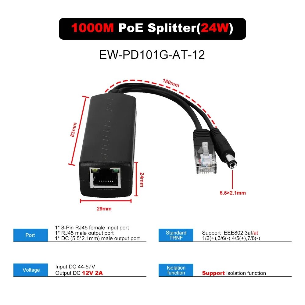 Разветвитель PoE 10/100/1000Mbps для IP-камеры DC12V 2A 24W