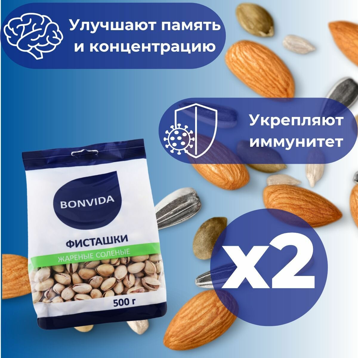 Фисташки BONVIDA жареные, соленые, отборные , 2 пачки по 500 гр.