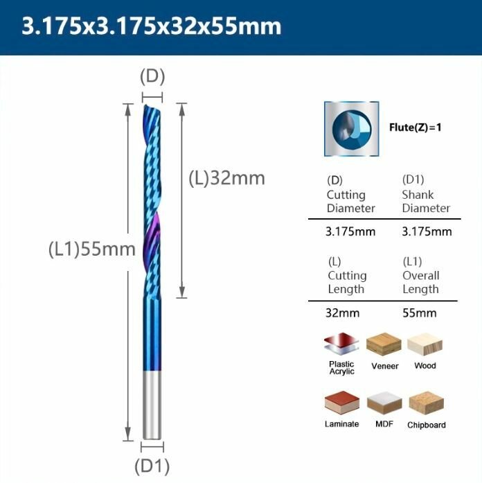 Фреза спиральная XCAN однозаходная 3,175x3,175x32x55 мм, с нано-синим покрытием