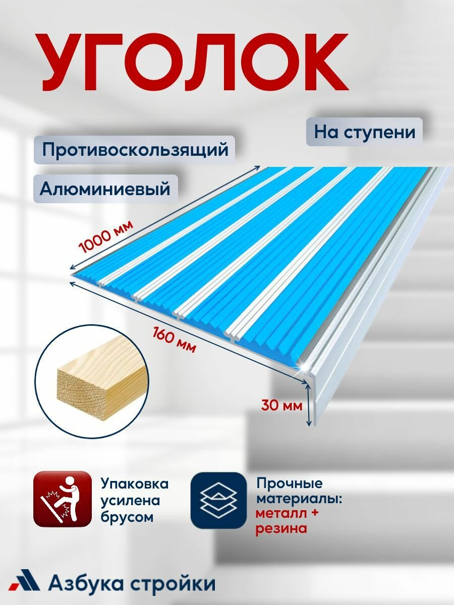 Противоскользящий алюминиевый угол-порог на ступени с пятью вставками 160мм, 1м, голубой