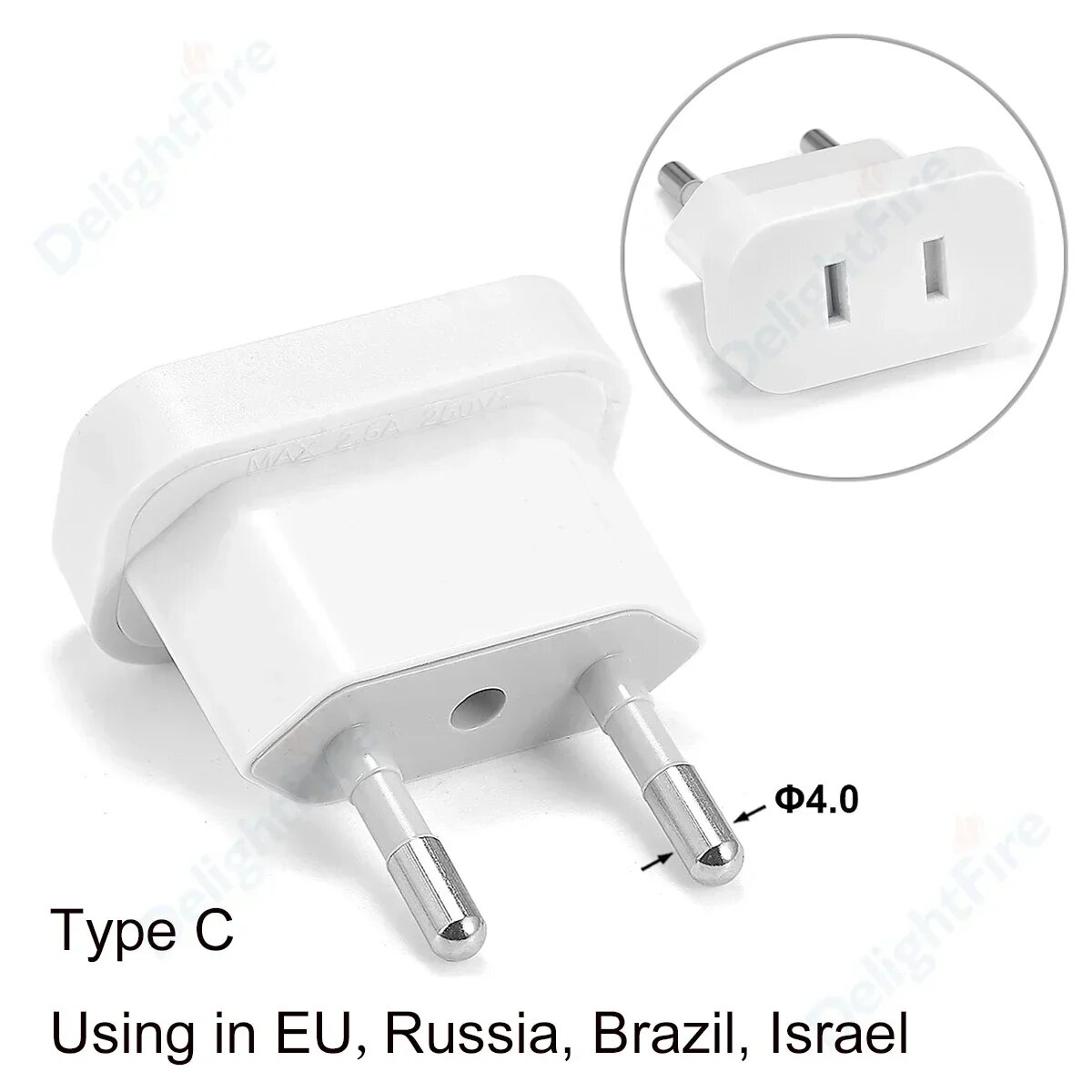 Дорожный адаптер DelightFire, евровилка EU Plug-White 4.0mm