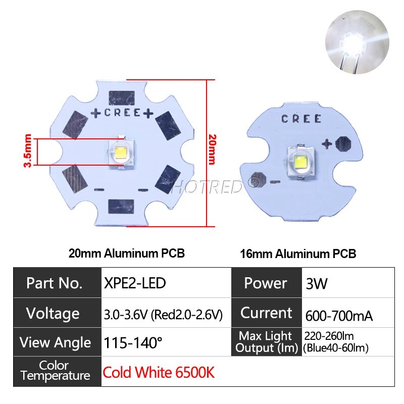 Светодиод HotRed XPE2 3W 6500K 20mm Белый