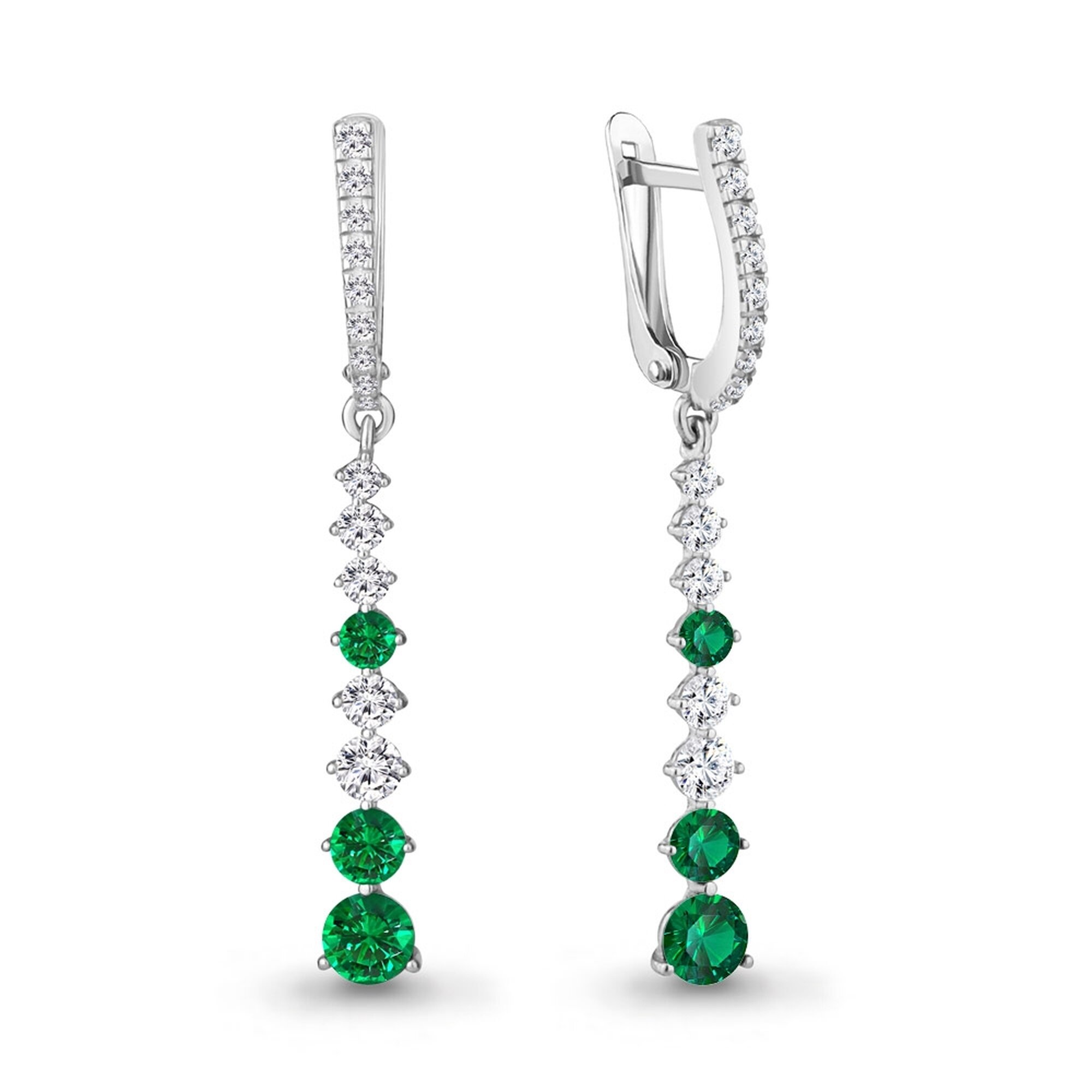 Серьги, серебро, 925 проба, родирование, изумруд синтетический, фианит