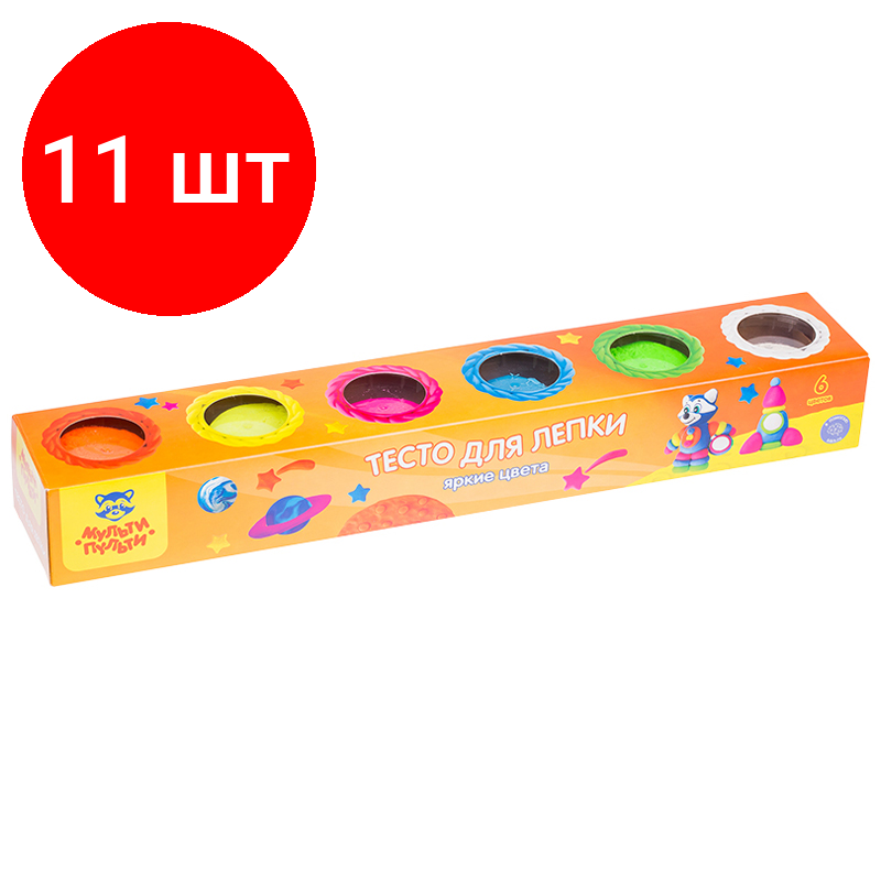 Комплект 11 шт, Тесто для лепки Мульти-Пульти "Енот на Луне", 06 цветов*90г, неоновые цвета, картон