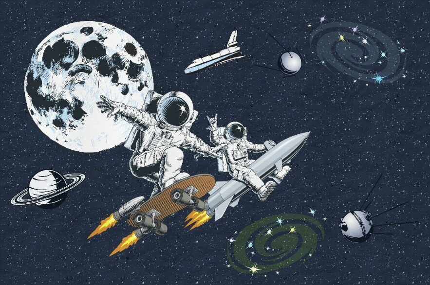 Фотообои Космонавт-скейтбордист в детскую 14-728-S-Холст 270 x 200 см (ВхШ) Бесшовные, флизелиновые, влагостойкие обои