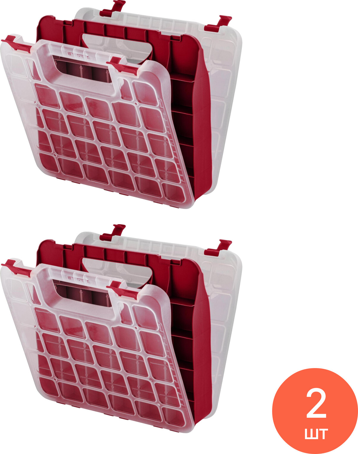 Органайзер BLOCKER / Блокер Expert 13" для хранения мелочей двухсторонний с прозрачной крышкой, из полипропилена, красный, 320х295х64мм / оборудование для мастерской (комплект из 2 шт)