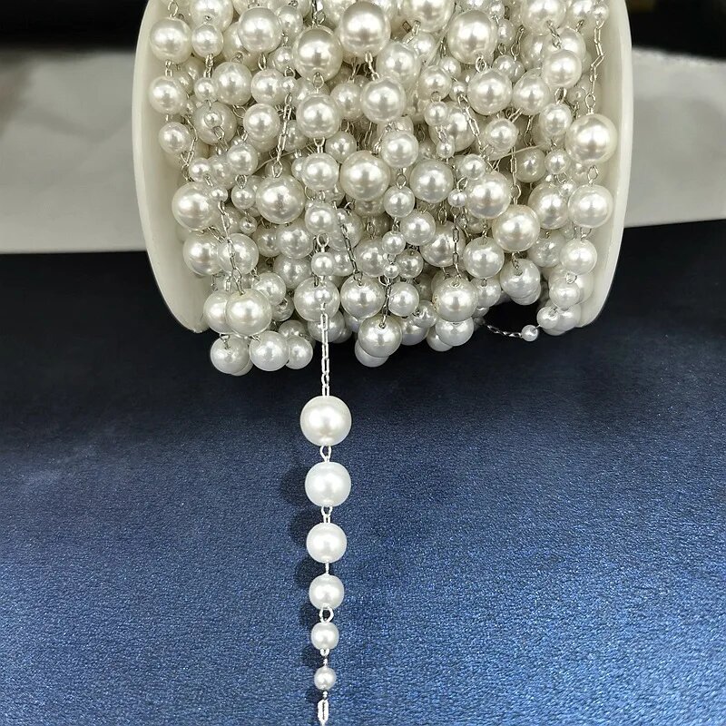 Медная цепочка с имитацией жемчуга 1 метр Silver