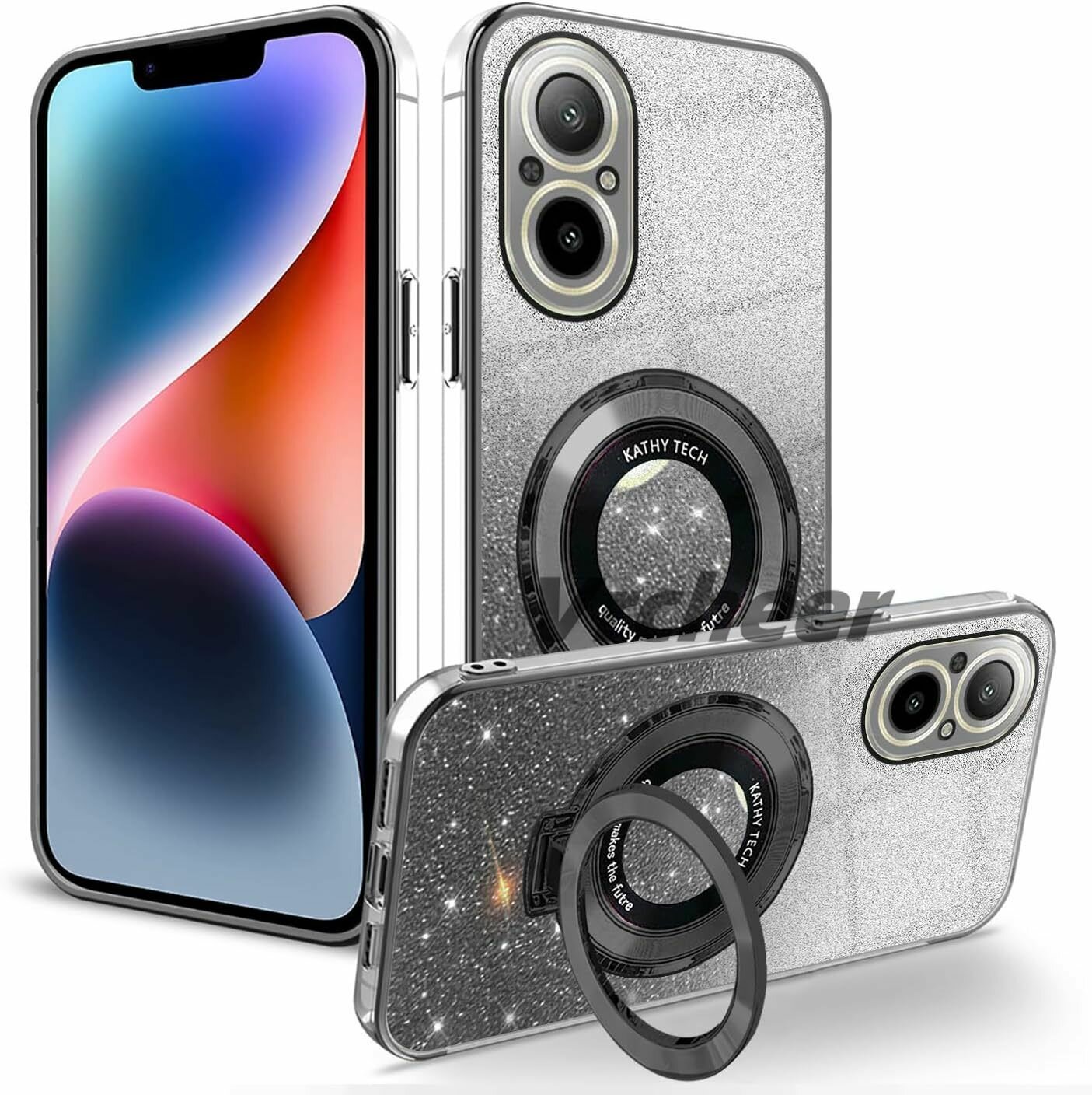 Чехол на Realme C67 4G / Реалми С67 4G с Блестками / Блестящий / Силиконовый со стразами, с защитной линзой и держателем. чехол золотистый женский.(черный, Black)
