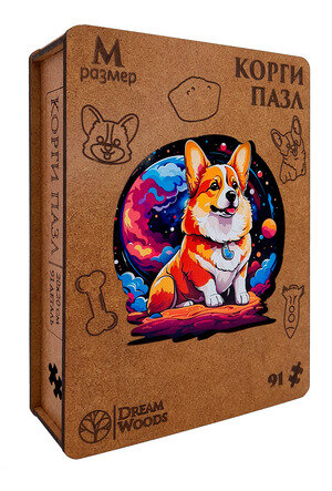 Пазл Деревянный: (DreamWoods) Корги [91 деталей деревянная коробка] (P-046)