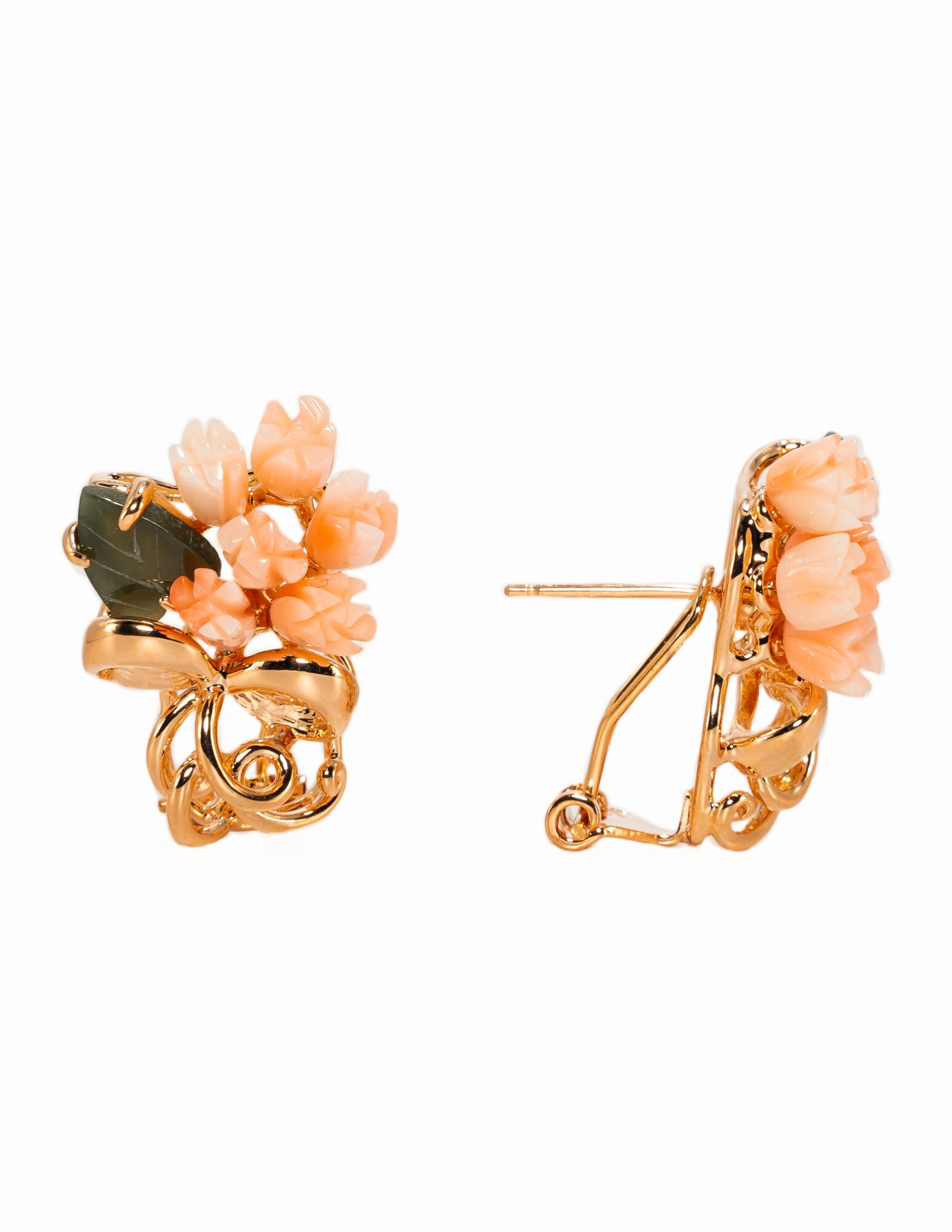 Серьги, коралл, нефрит