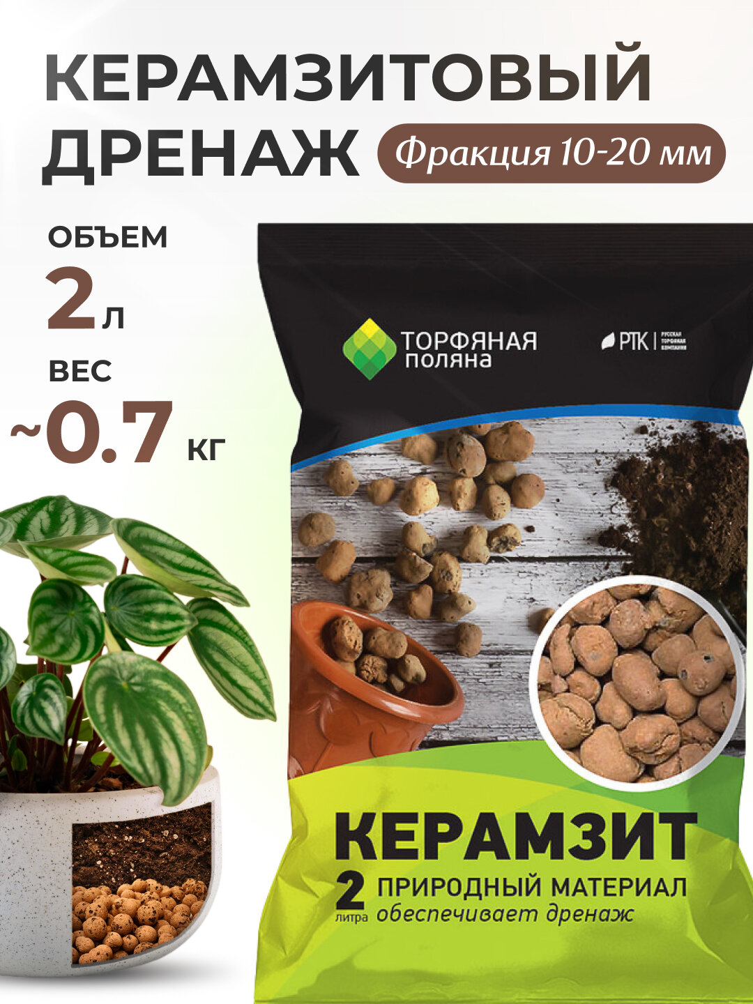 Керамзитовый дренаж для цветов промытый (фр. 10-20 мм) 2 л Защита корней Быстрый отвод воды Для комнатных растений