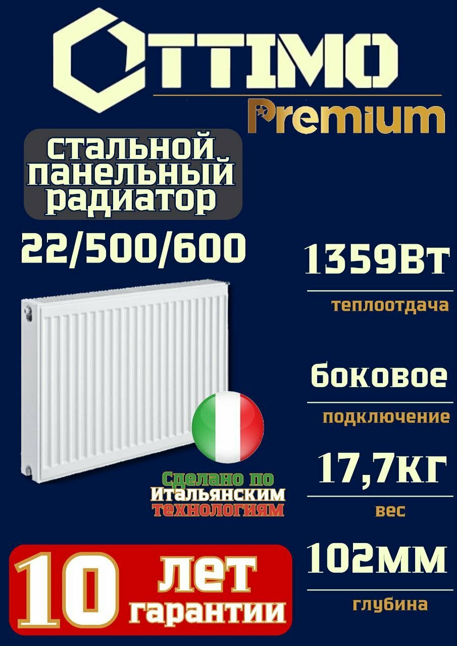 OTTIMO Premium, Тип 22/Высота 500мм/Длина 600мм, боковое подключение, стальной панельный радиатор