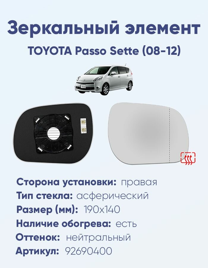 Зеркальный элемент правый TOYOTA Passo Sette (08-12) асферика нейтральный с обогревом