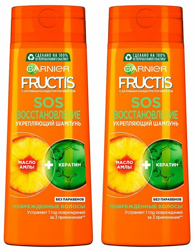 Шампунь Garnier Fructis "SOS восстановление", укрепляющий, для секущихся и поврежденных волос, 250 мл, 2 шт.