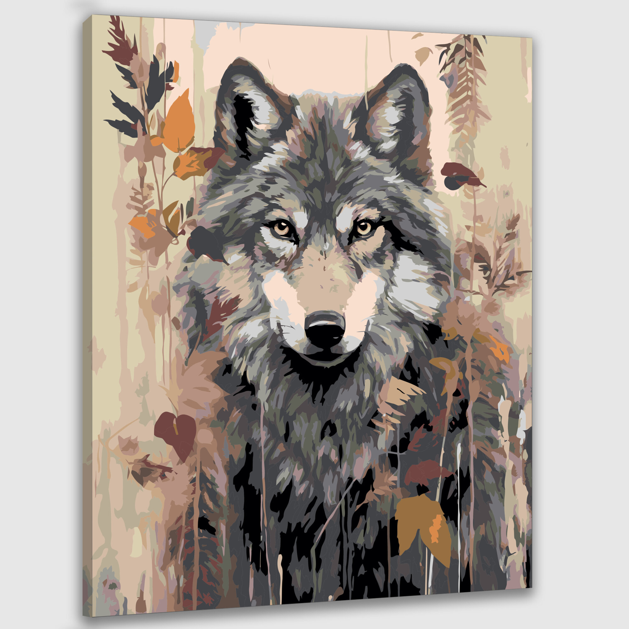 Картина по номерам 40x50 см, волк, смешанная техника, акриловая краска, текстурированный коллаж, волчий мех, перья