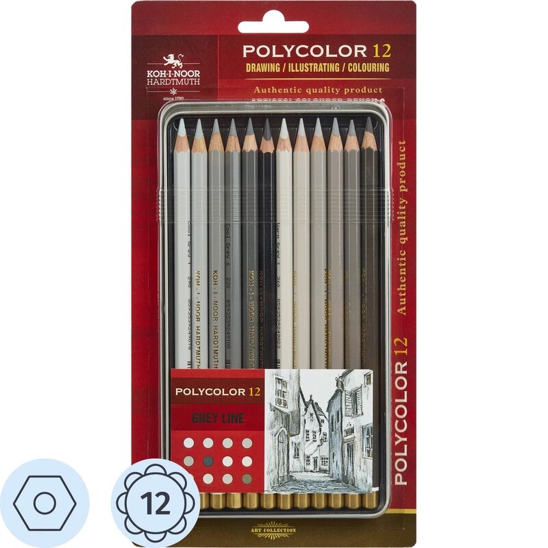 Карандаши цветные худож POLYCOLOR серые цвета 12цв/наб мет. кор 3822012013BL