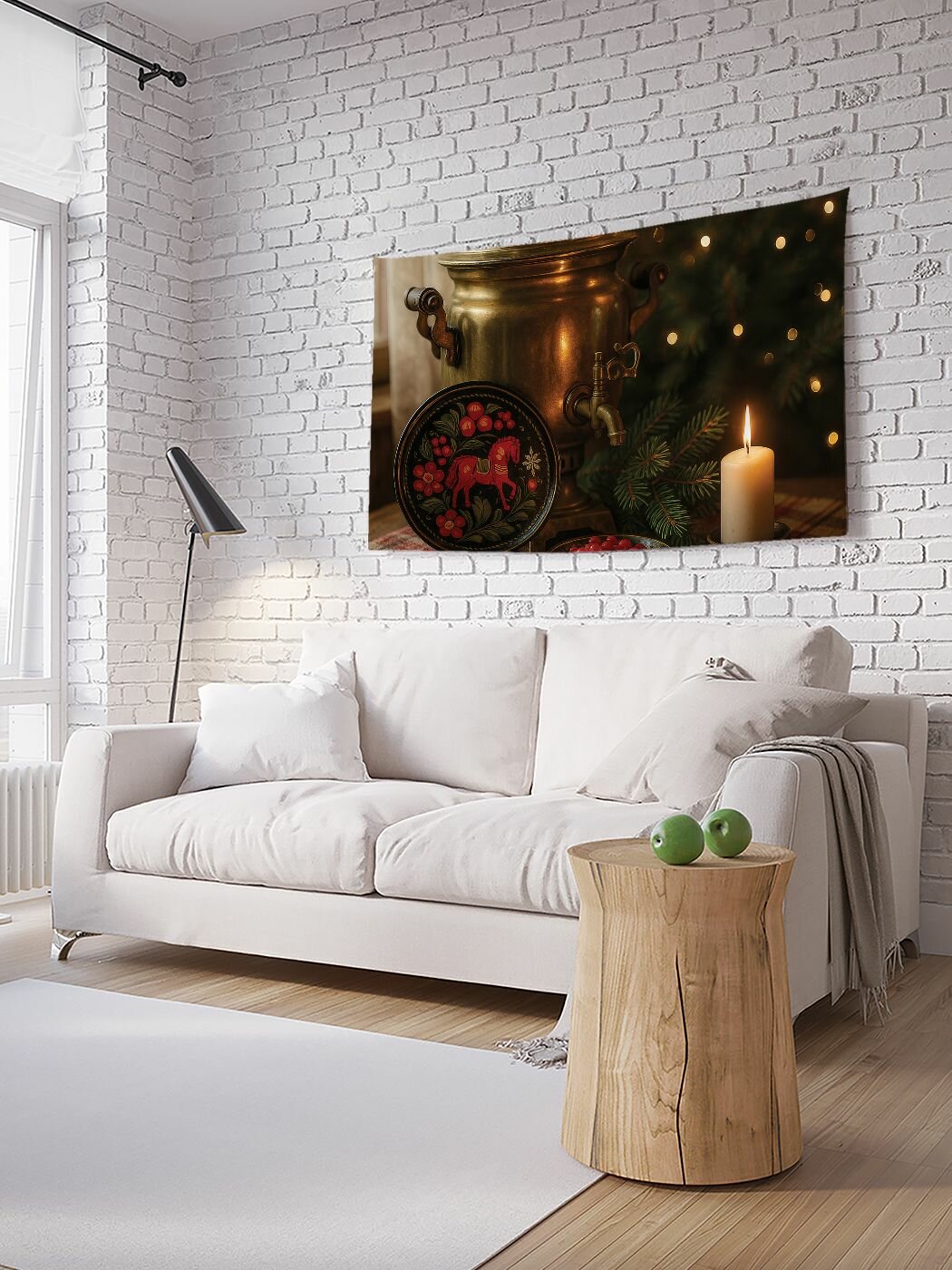 Фотопанно на стену тканевый горизонтальный "Самовар зимой", 100х150 см, JoyArty, серия Новый год