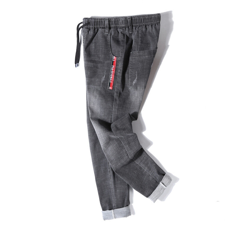 Четыре сезона лент. декор. джинсы ZY муж. свободн. прямой япон. джинсы ZY муж. плус толст. размер эластич. пояс штаныГрей/10XL