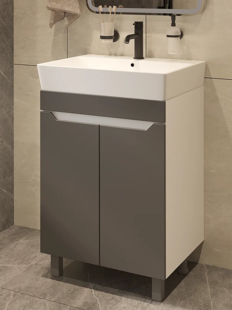Тумба с раковиной DIWO Архангельск 60 напольная, 60 см, серая, белая, матовая, из МДФ, с дверками, раковина для ванной фаянсовая, прямоугольная, встроенный слив-перелив, с сифоном