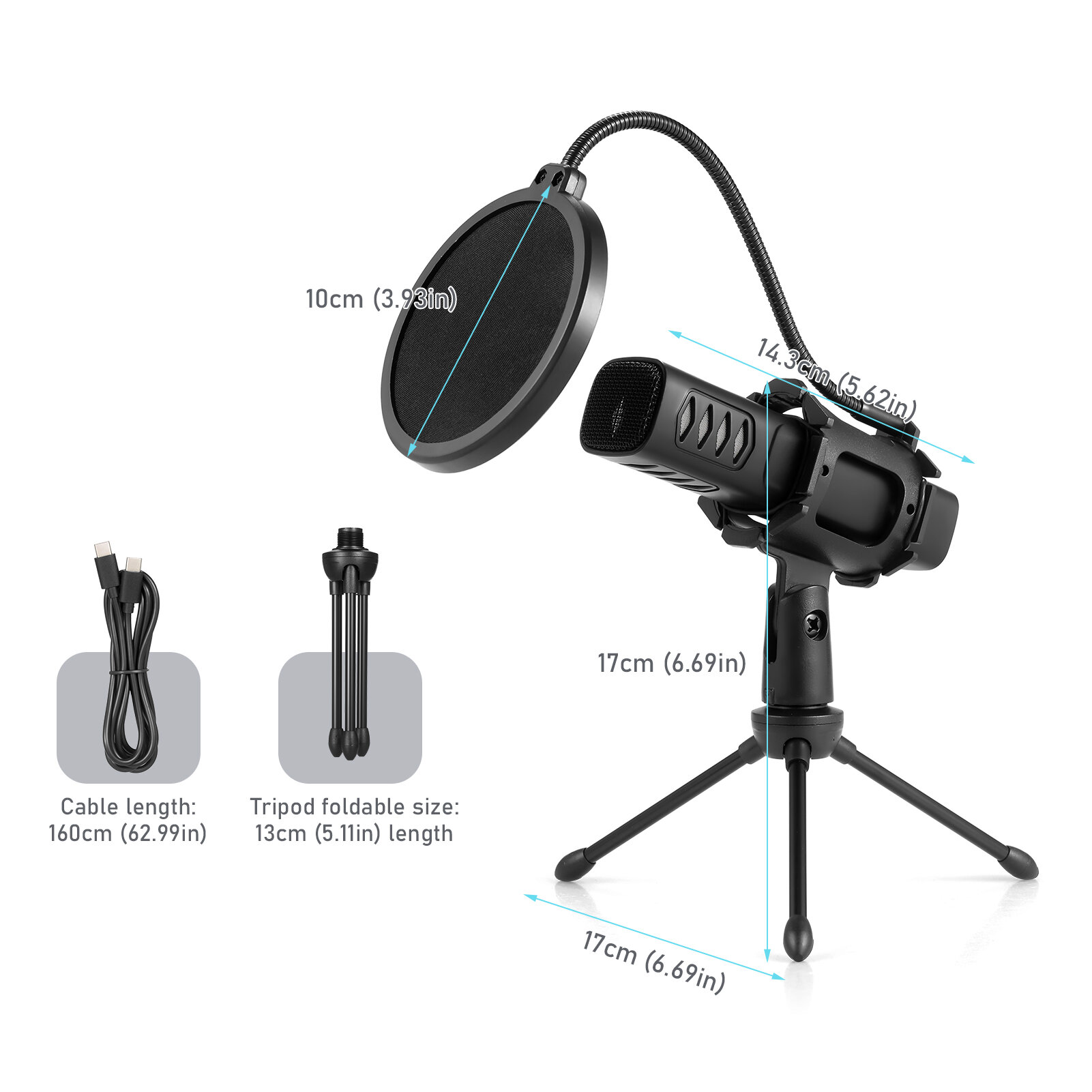 USB-микрофон, кардиоидный конденсаторный микрофон со штативом, поп-фильтром, креплением-штативом для игр, стриминга, подкастинга, совместимый с ПК, ноутбуком, смартфоном