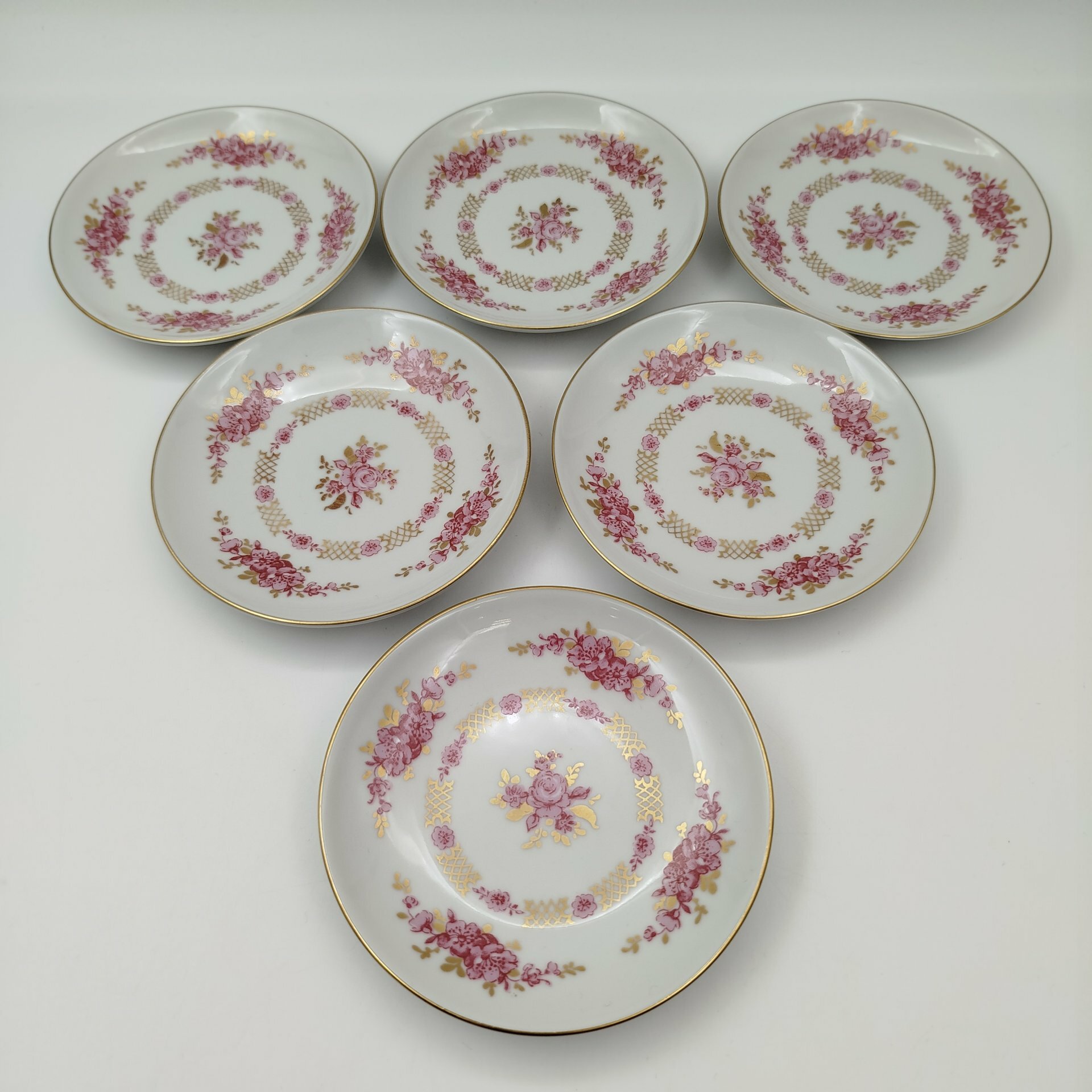 Набор из 6-ти розеток с цветочным декором, фарфор, деколь, золочение