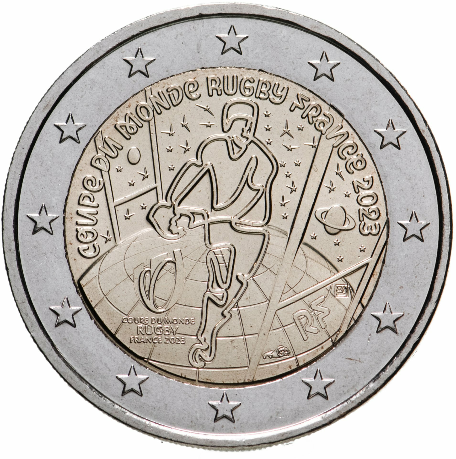 Франция 2 евро 2023 "Чемпионат мира по регби 2023 во Франции", Биметалл, в сохранности UNC