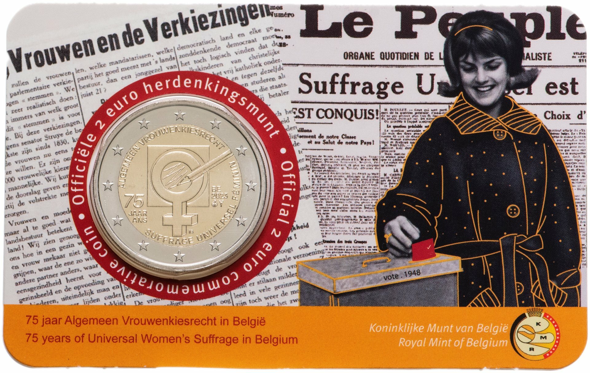 Бельгия 2 евро 2023 "75 лет праву женщин на голосование" на фламандском языке, Биметалл, в сохранности BUNC