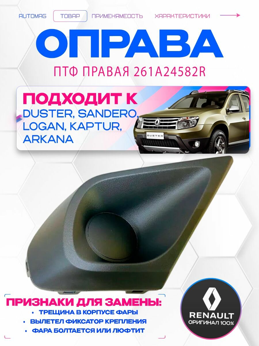 Оправа ПТФ правая оригинал Renault, арт. 261A24582R, для Duster II