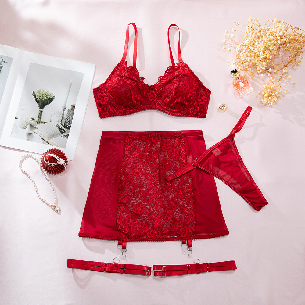 Комплект нижнего белья из французского ретро-кружева с поясом для чулок и облегающим костюмом с высокой талией для женщин