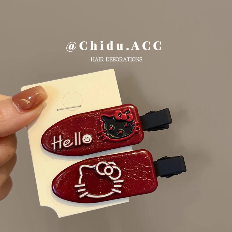 2 шт, анимационный мультфильм «Hello Kitty», красный бант, заколка для волос, кавайный бесшовный зажим для сломанных волос, милый зажим BB, милый головной убор с девчачьим сердечком