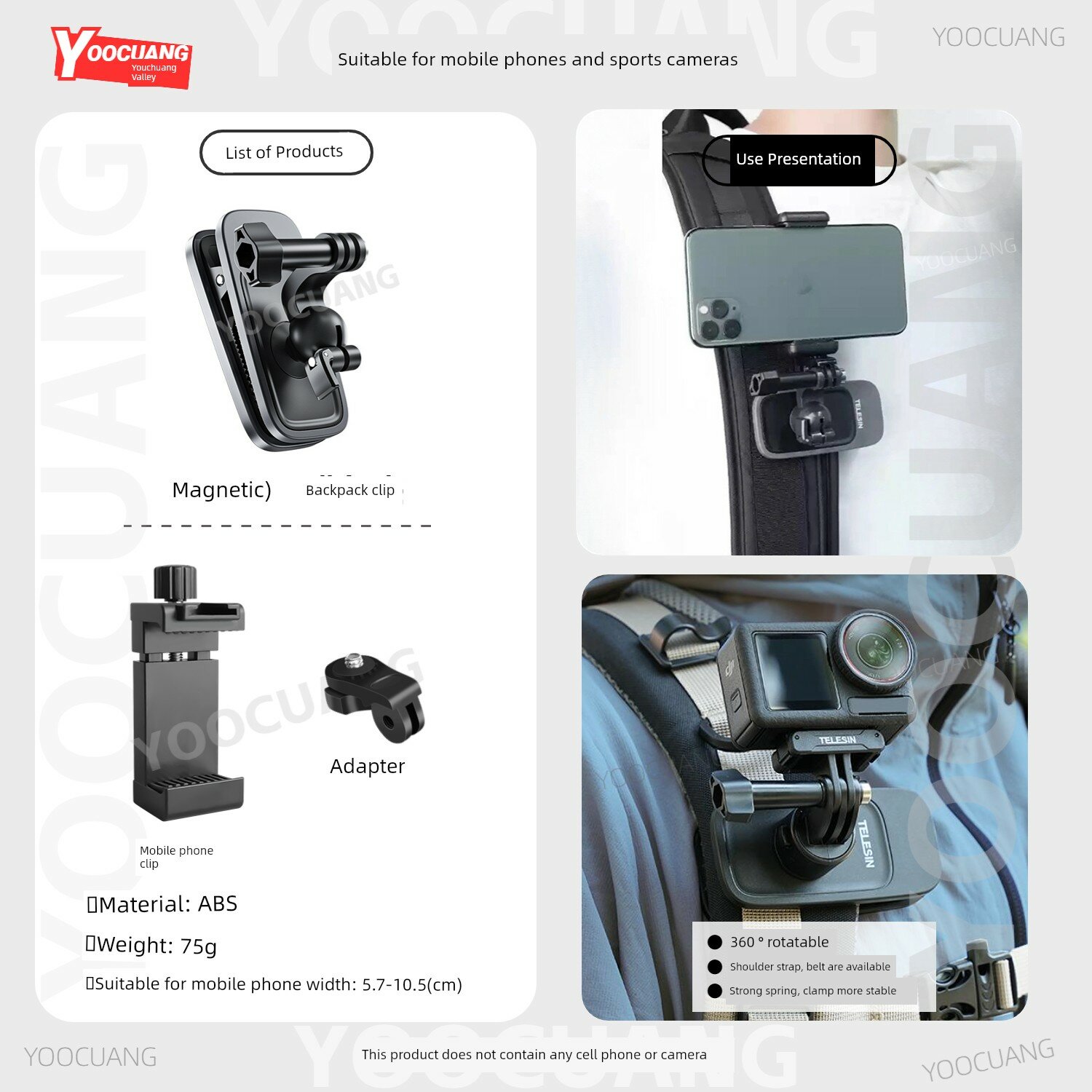 Магнитный крепеж для рюкзака с держателем для телефона для DJI Action 6/5 Pro/Pocket 3, GoPro, Insta360 Ace Pro 2/X4/X5