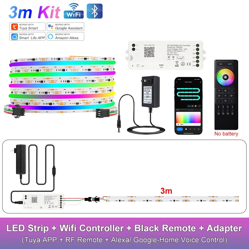 Набор адресных светодиодных лент Tuya WiFi 25M 5M 10M 20M 24V Pixel Dream Color Strip WS2811 SPI RGBIC лента для декора помещений — набор с черным пультом 3м