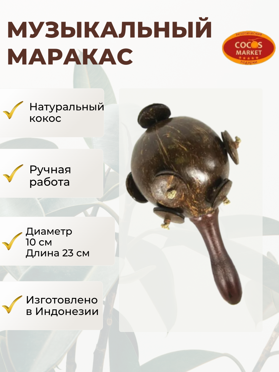 Маракас, натуральный кокосовый орех, диаметр 10см, ручной работы, 23 см