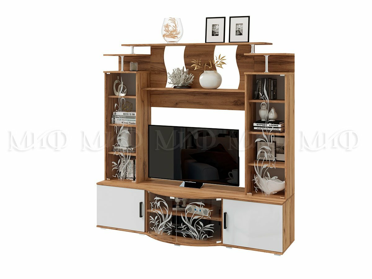 Стенка для гостиной Виста ЛДСП/Стекло 1850х1800х560, Дуб крафт/Белый глянец холодный, МИФ