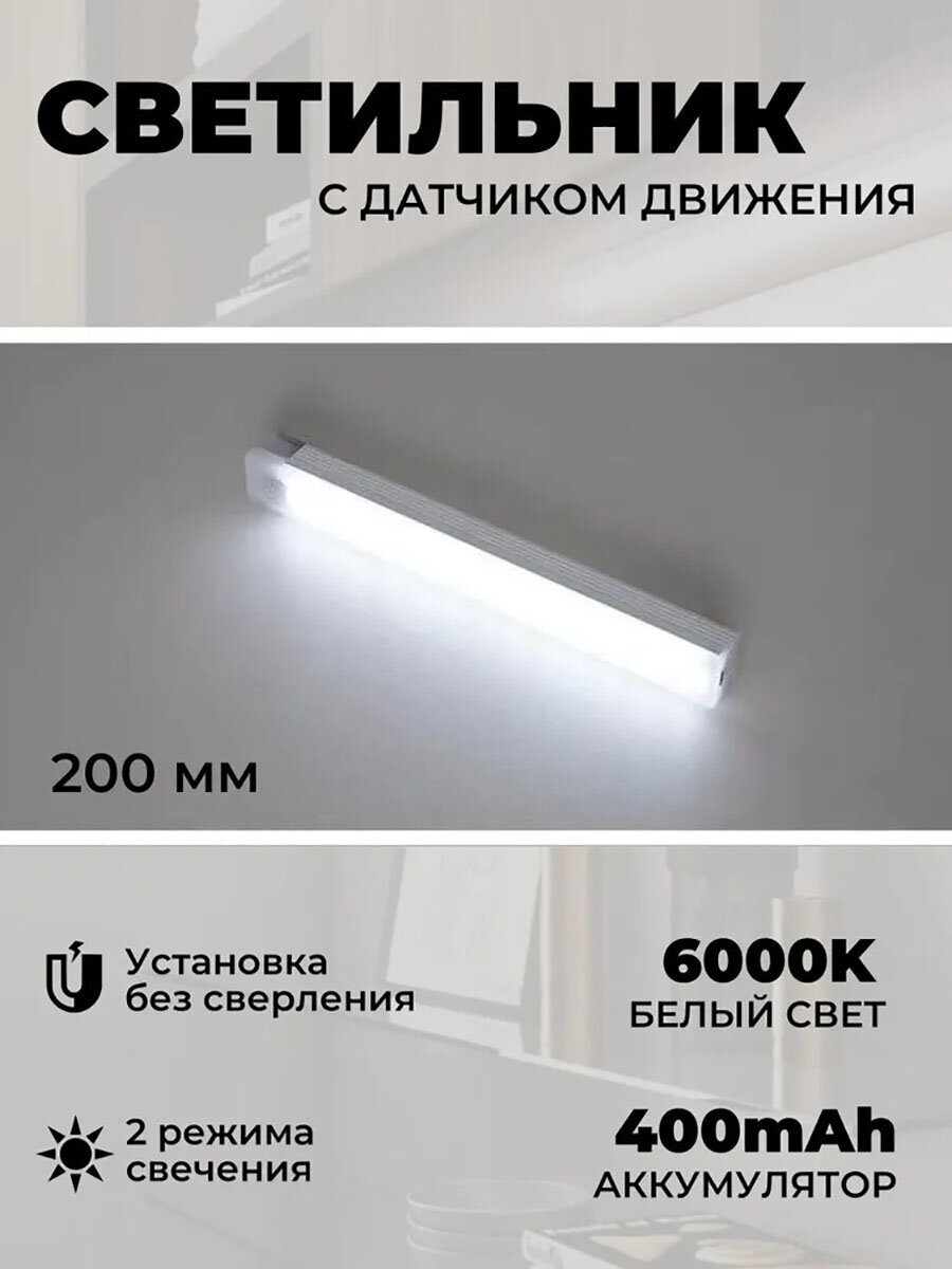 Умная подсветка для шкафа 200 мм 2 Вт автономная работа, датчик движения, перезарядка через USB, Освещение полок.