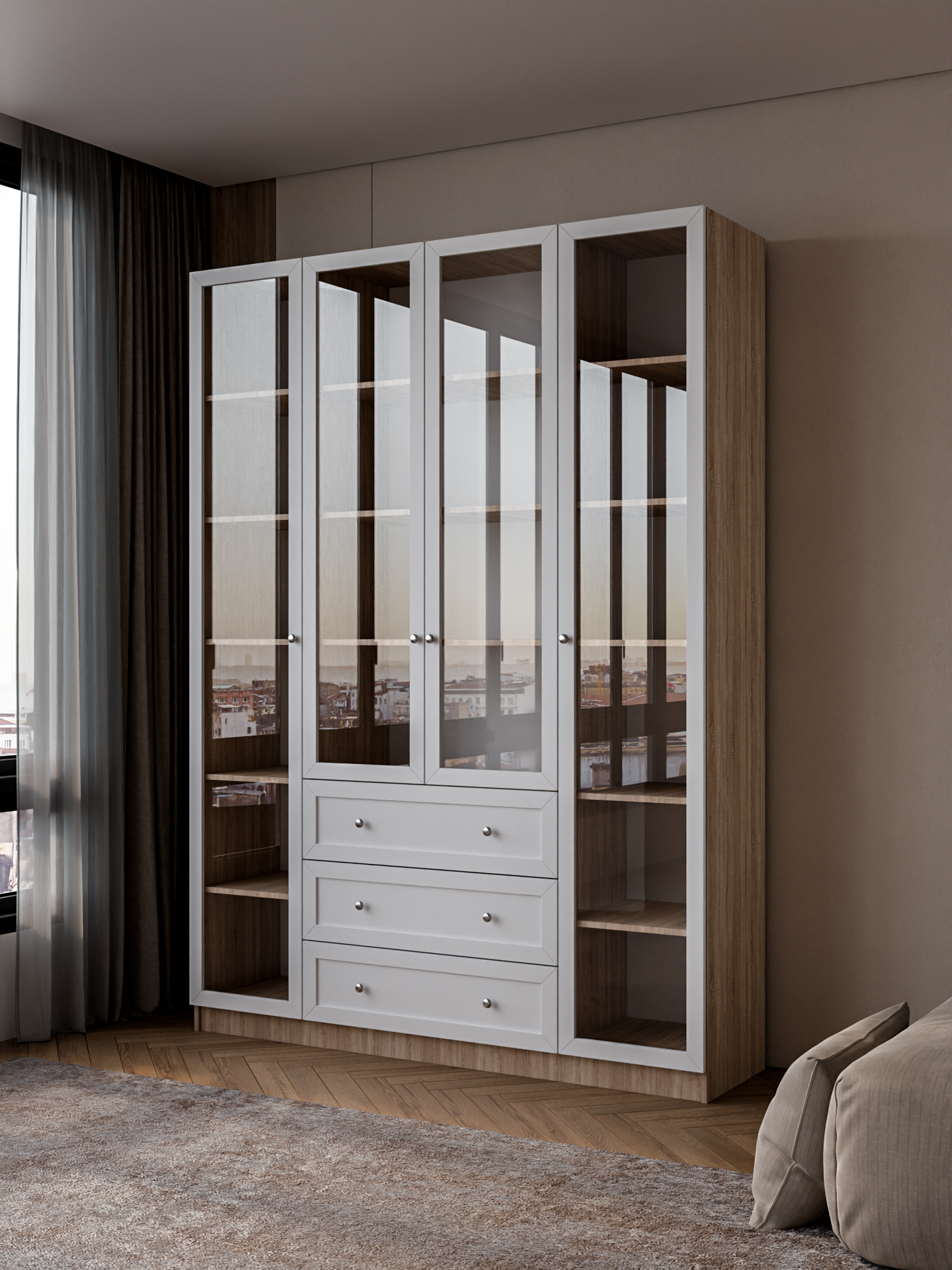 Шкаф распашной Фрея| Корпус ЛДСП Дуб сонома| Фасад Рамка Белый | Стекло прозрачное