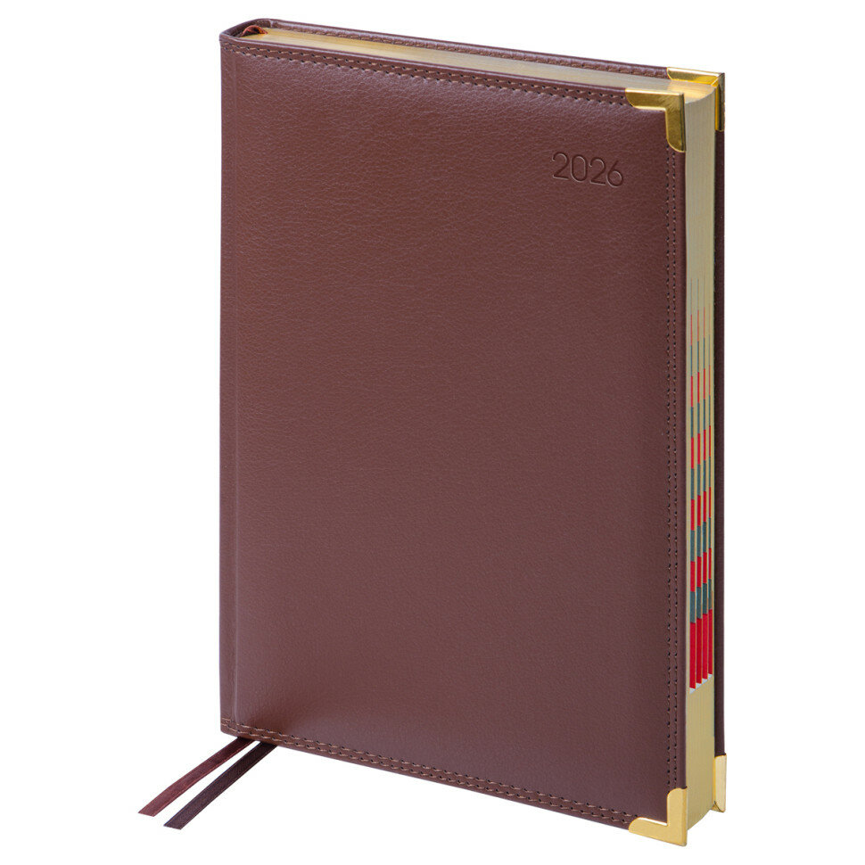Ежедневник датированный 2026г, А4-(В5), 184л, Delucci, Фактурная кожа, зол. срез, коричневый, 381770