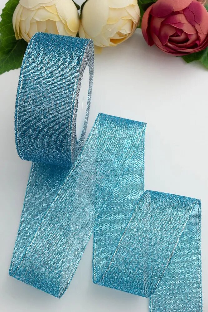 Лента парча, 4 см х 25 ярдов, бирюзово-серебристая (двухцветная), SF-1795, для модной упаковки, декора и флористики