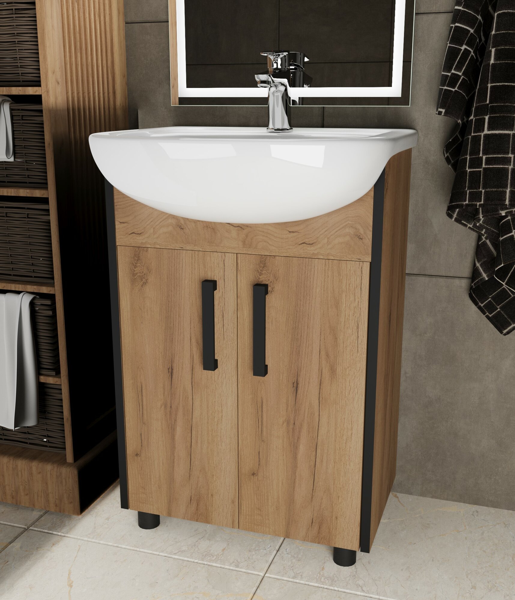 Напольная Тумба Лофт 50 стандарт под раковину (Уют 50/Элегия 50) цвет дуб крафт золотой