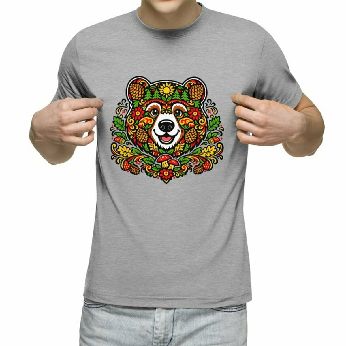 Мужская футболка «Хохлома: Русский лесной медведь добряк в узоре» (серый меланж, S)