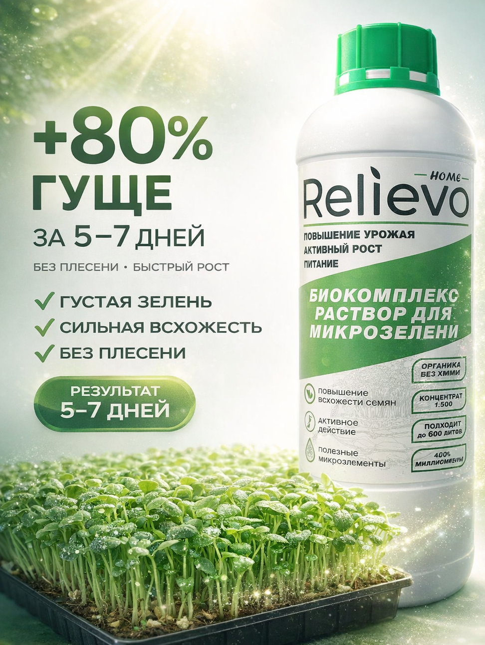 Удобрение Relievo для микрозелени, биостимуляция роста, защита от плесени