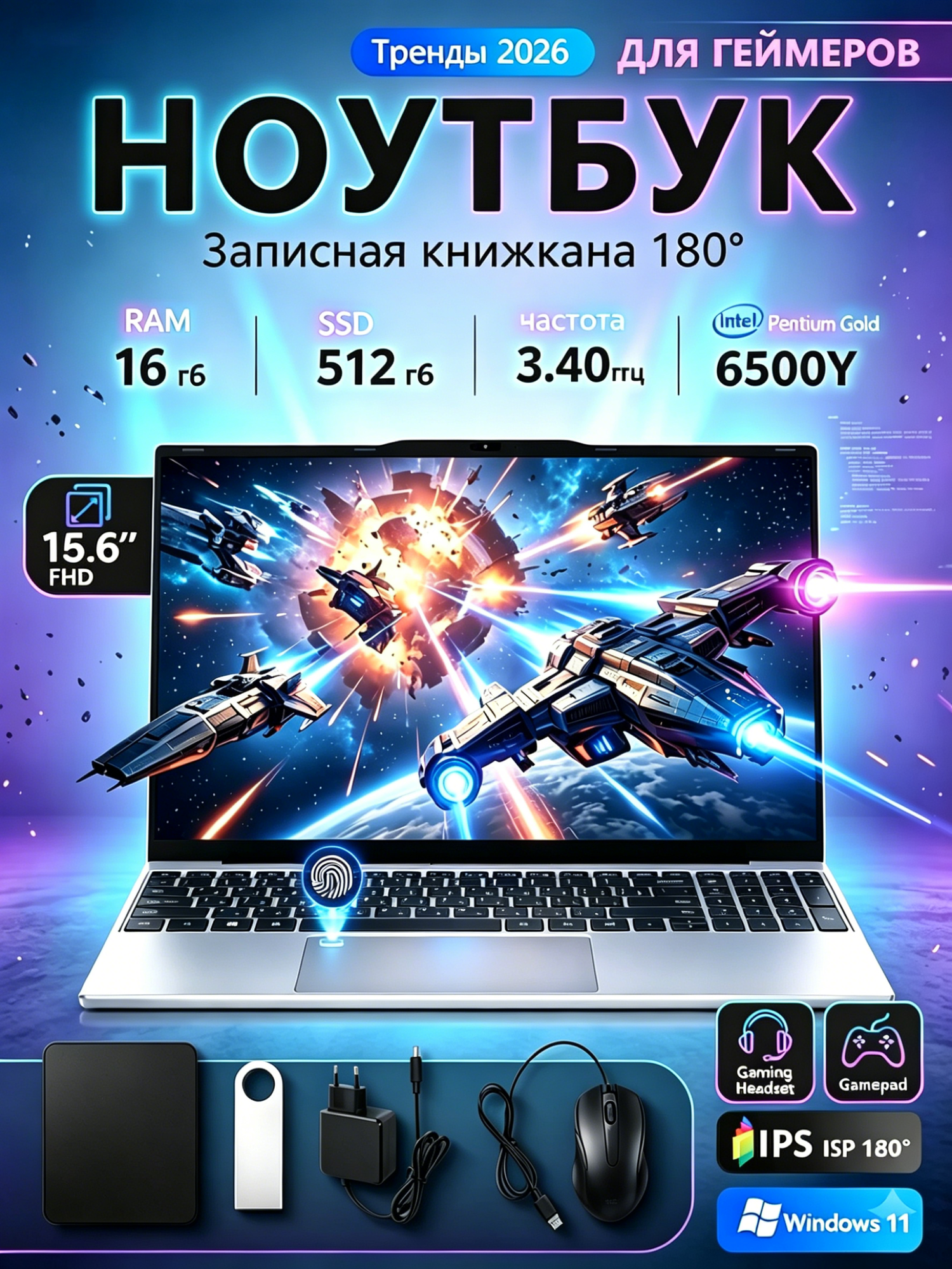 Ноутбук игровой, Intel Pentium Gold 6500Y,3.40 ГГц,15.6" 1920x1080 IPS, Цифр. клав, 16 ГБ RAM SSD 512 ГБ, Windows 11 PRO