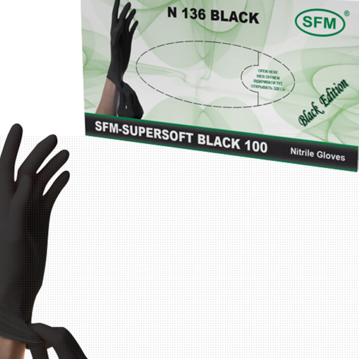 Перчатки одноразовые нитриловые смотровые SFM Supersoft N136, 100 пар, размер S, черные, 10 уп.