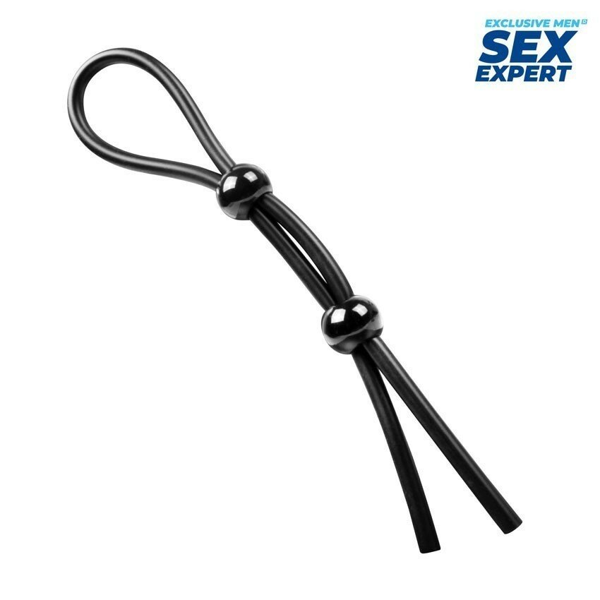 Sex Expert Черное силиконовое лассо с двумя шариками для утяжки Эрекционные кольца