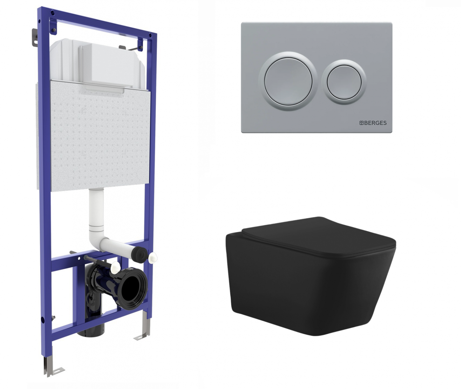 Комплект 3 в 1 инсталляция Berges Novum O2 + Унитаз подвесной Aquanet Tavr-W BW 287011 черный с кнопкой матовой хром